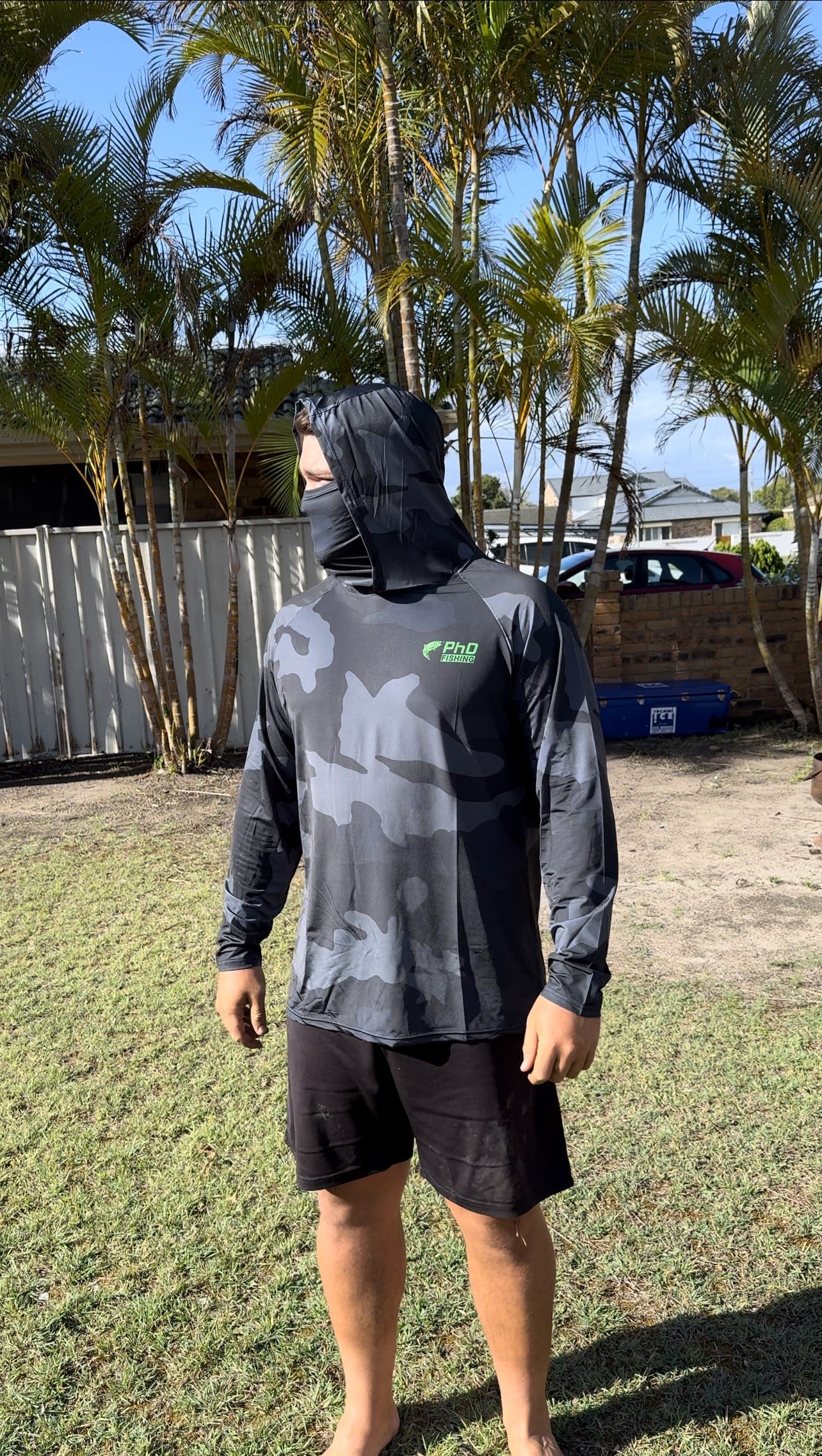PhD camo long sleeve fishing shirt (Buff + Hood) - PhD Fishing
